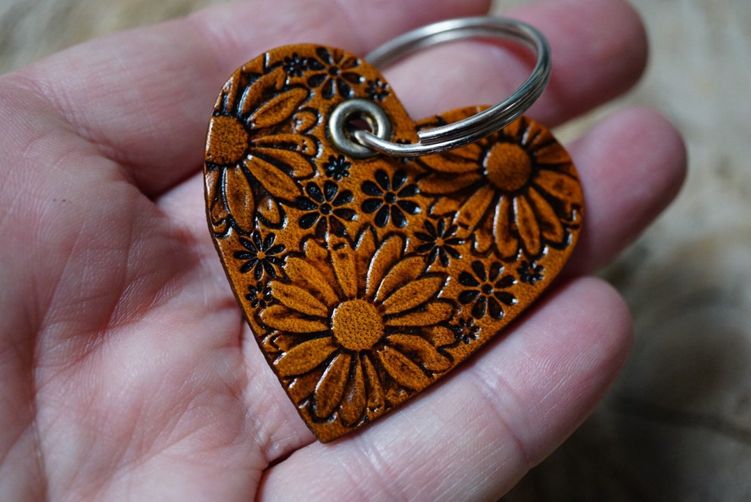 Rustic Orange Sunflower Heart, Leather Key Fob, Leather Keychain, 1 ...