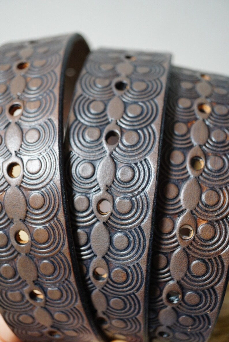 Grey Brown Leather Belt, Groovy, Hand Stamped Geometric Belt, OOAK - Etsy
