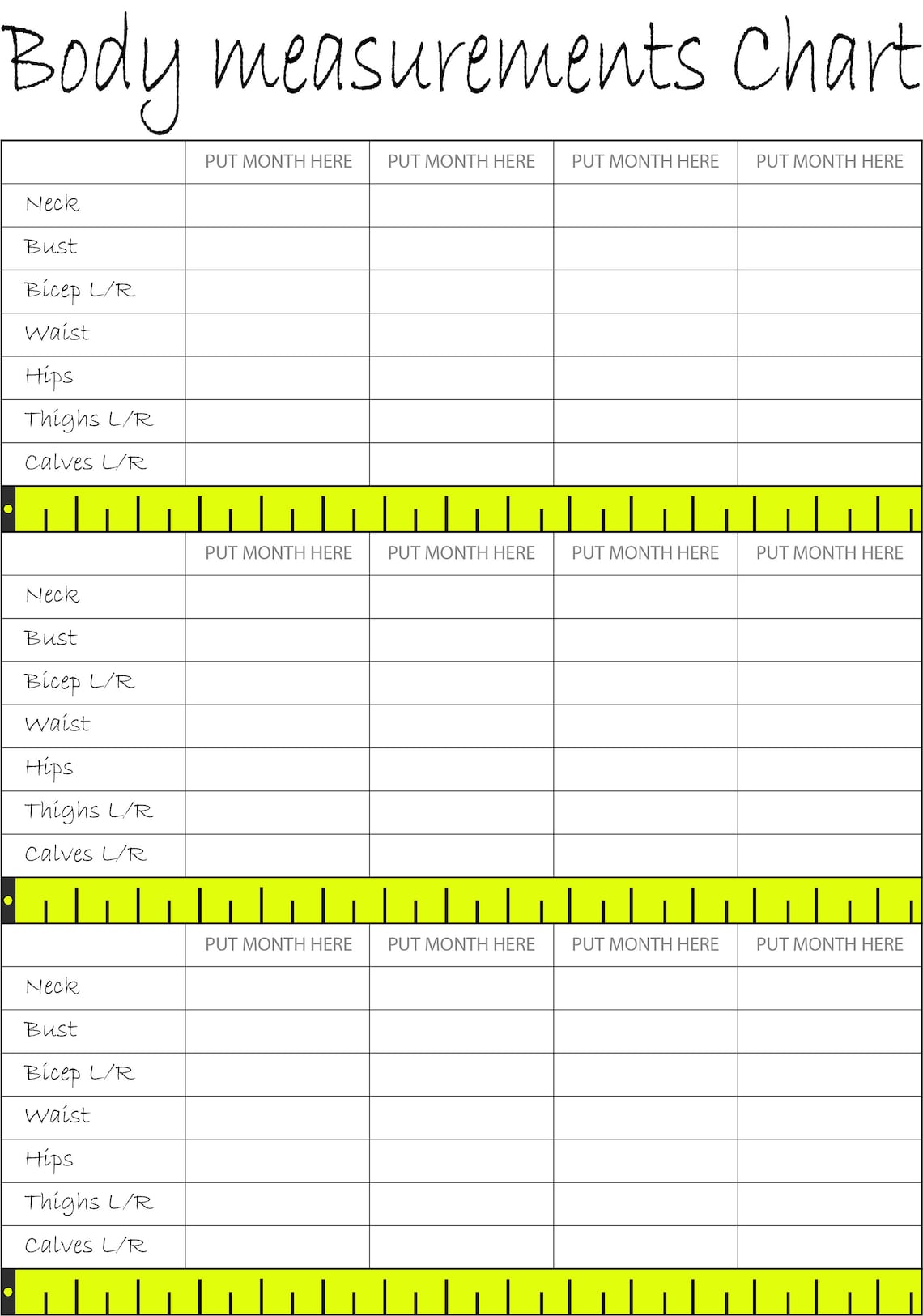 Printable Body Measurement Chart 12 Month Body Measurement Tracker ...