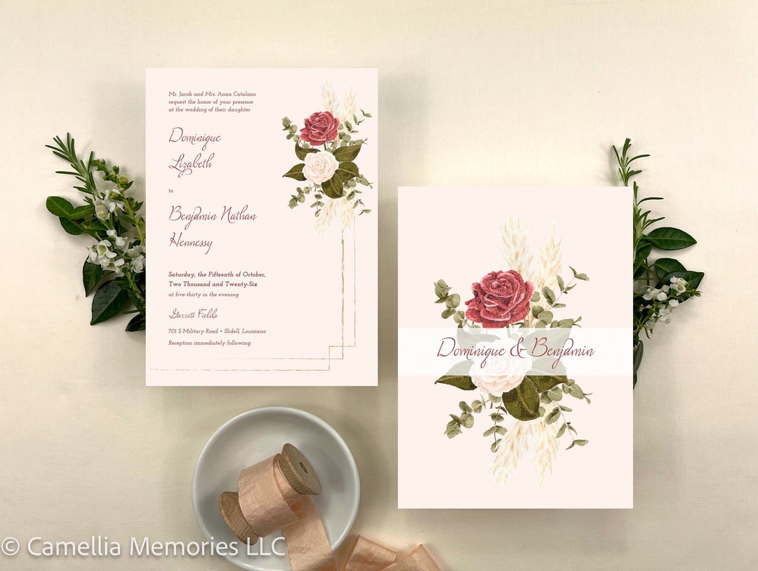 Berry & Pink Floral Wedding Invitation | Boho Wedding Invitation | Rose ...