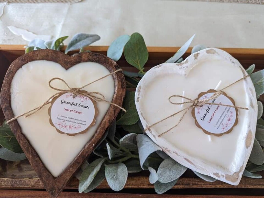 Two Handcarved Wood Heart Candle/ Farmhouse/ Soy Wax / Clean Burn ...