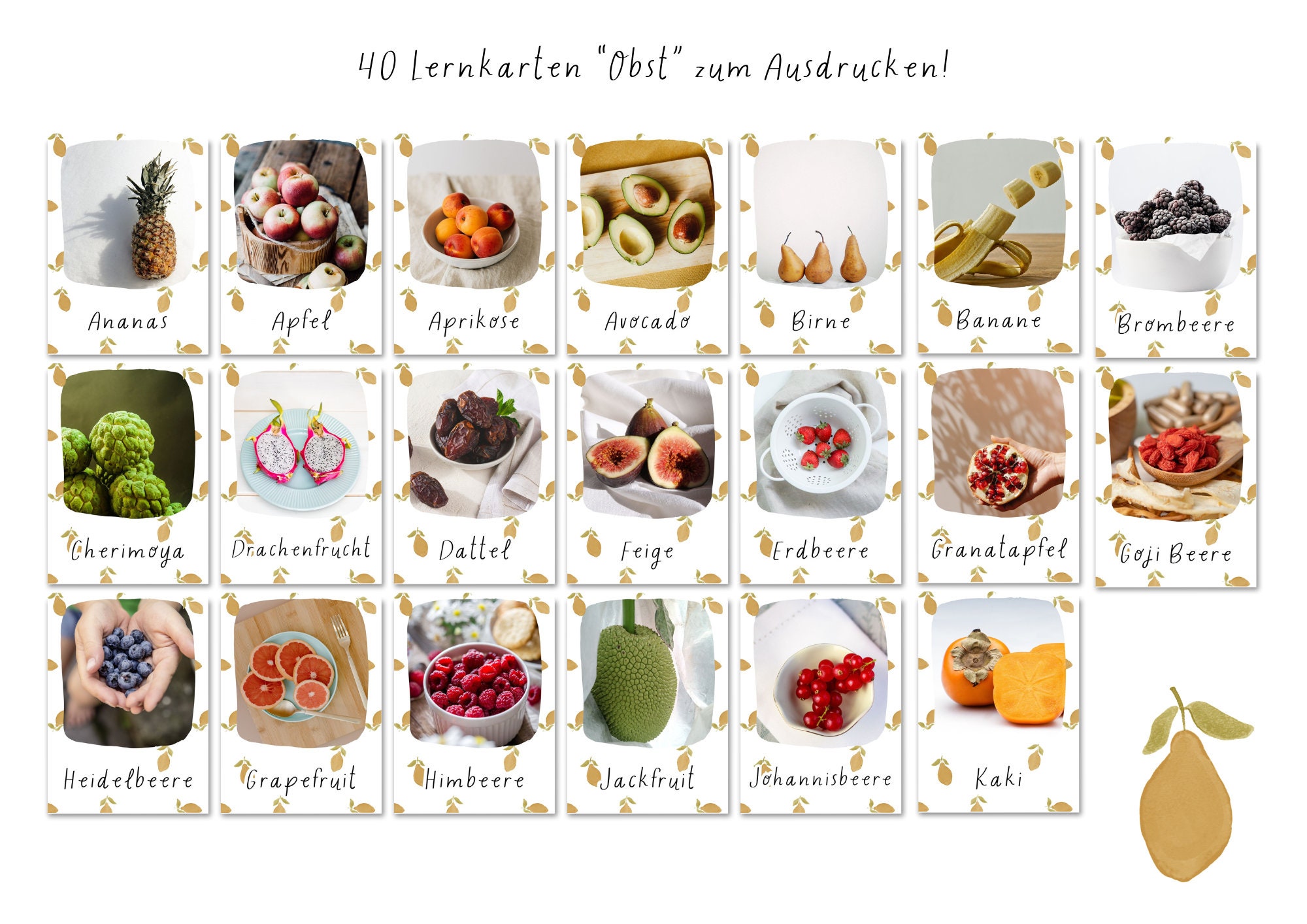 40 Flashcards "fruit" to Print Out Pdf, Montessori Flashcards ...