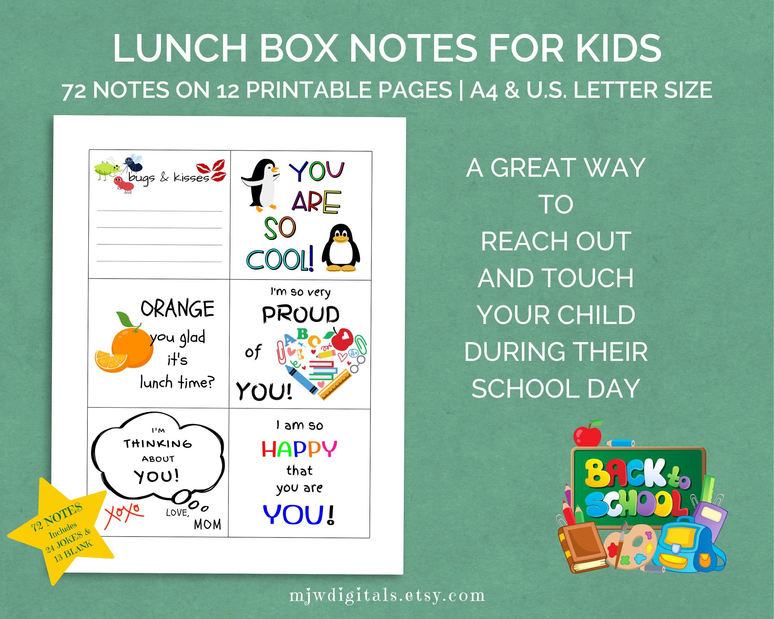 Lunchbox Notes for Kids, Printable, 72 Lunch Notes for Kids ...