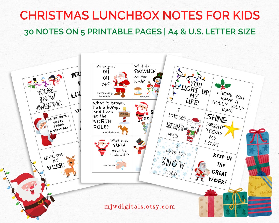 Christmas, Lunchbox Notes for Kids, Printable, 30 Christmas Lunch Box ...