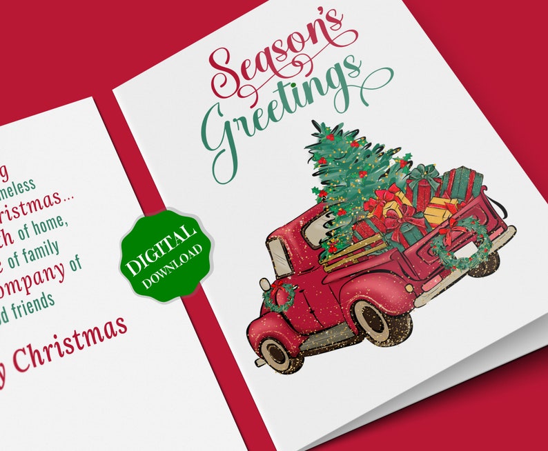 Vintage Red Truck Christmas Card, Printable Holiday Greeting (digital ...