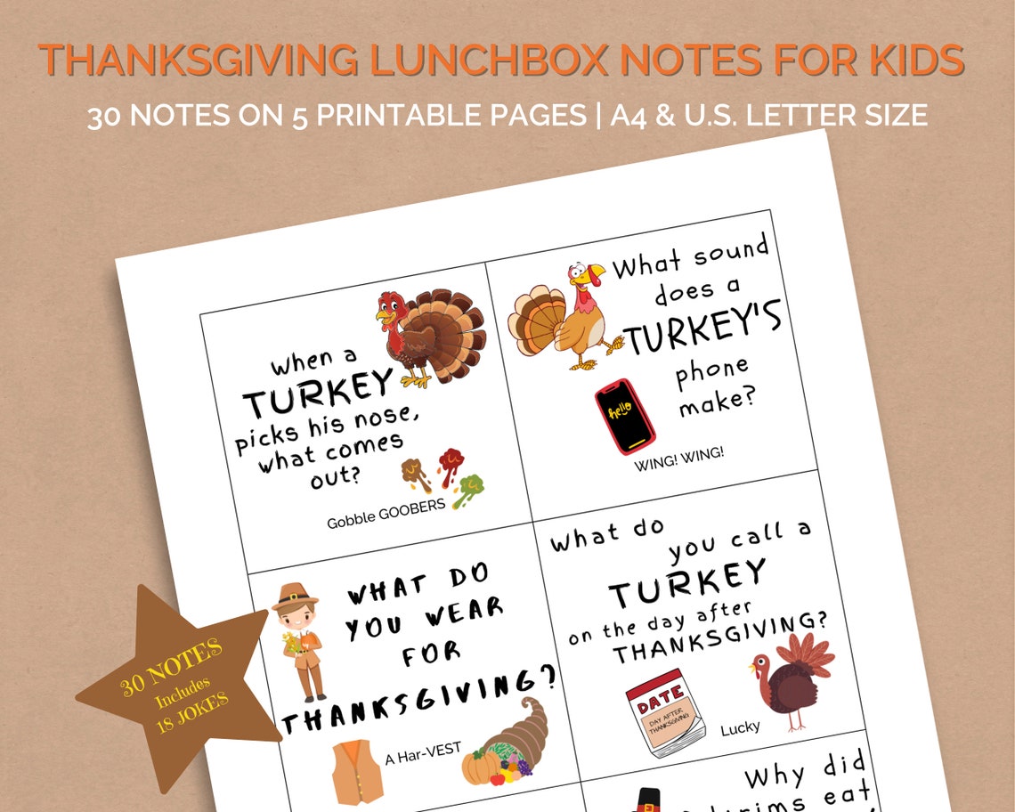 Thanksgiving, Lunchbox Notes for Kids, Printable, 30 Thanksgiving Lunch ...