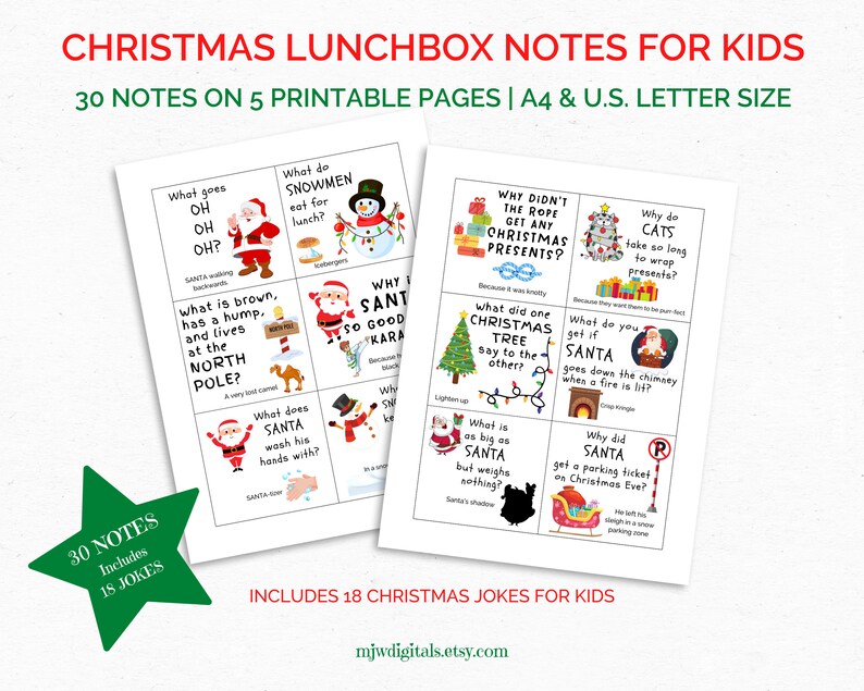 Christmas, Lunchbox Notes for Kids, Printable, 30 Christmas Lunch Box ...