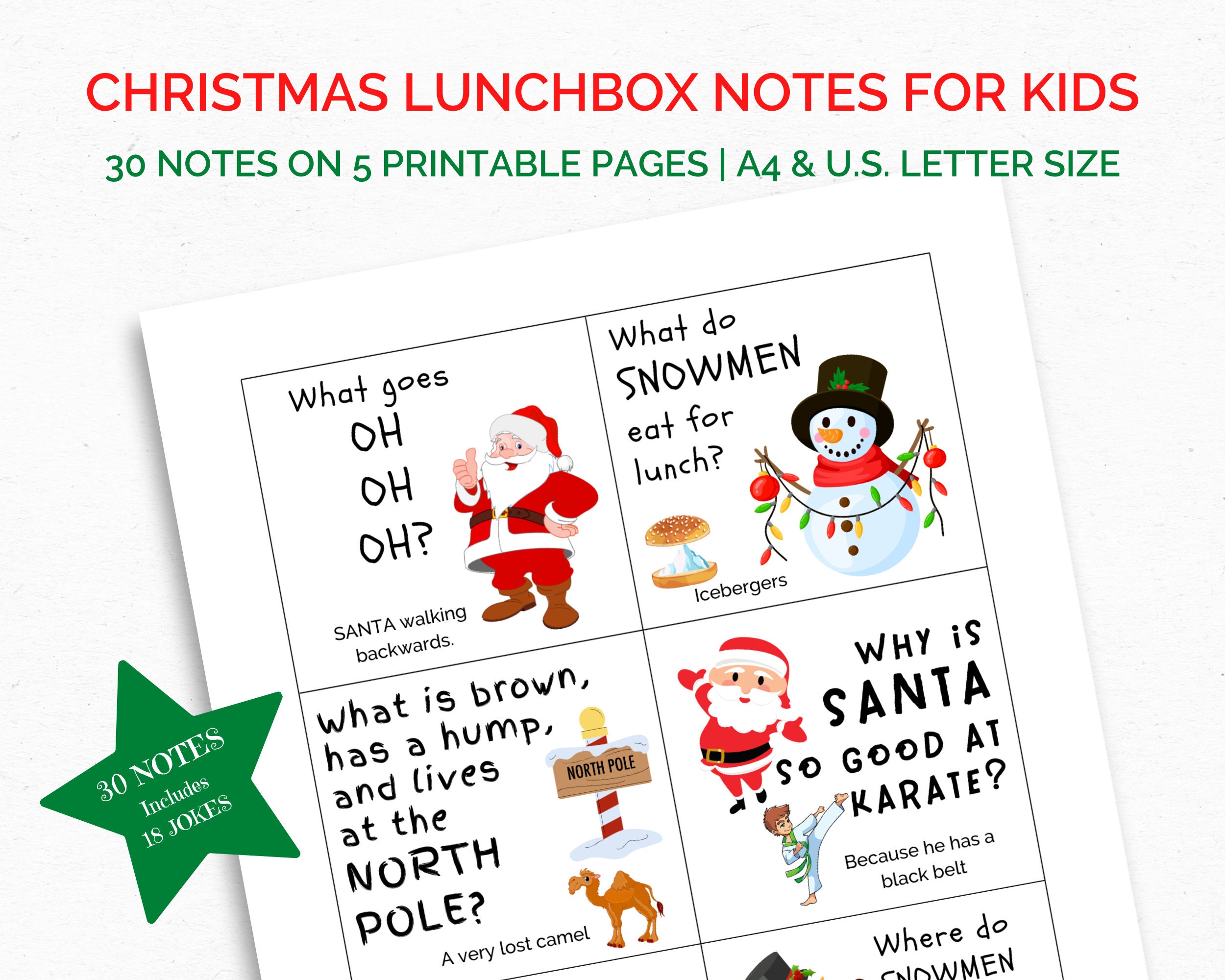 Christmas, Lunchbox Notes for Kids, Printable, 30 Christmas Lunch Box ...