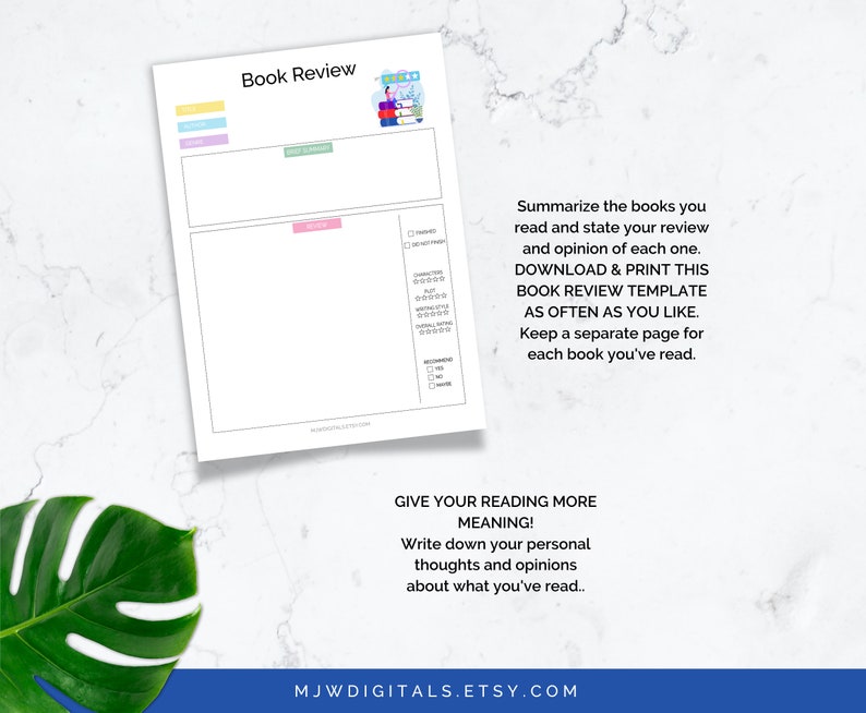Book Review Template, Fillable PDF, Reading Log (digital Download) - Etsy