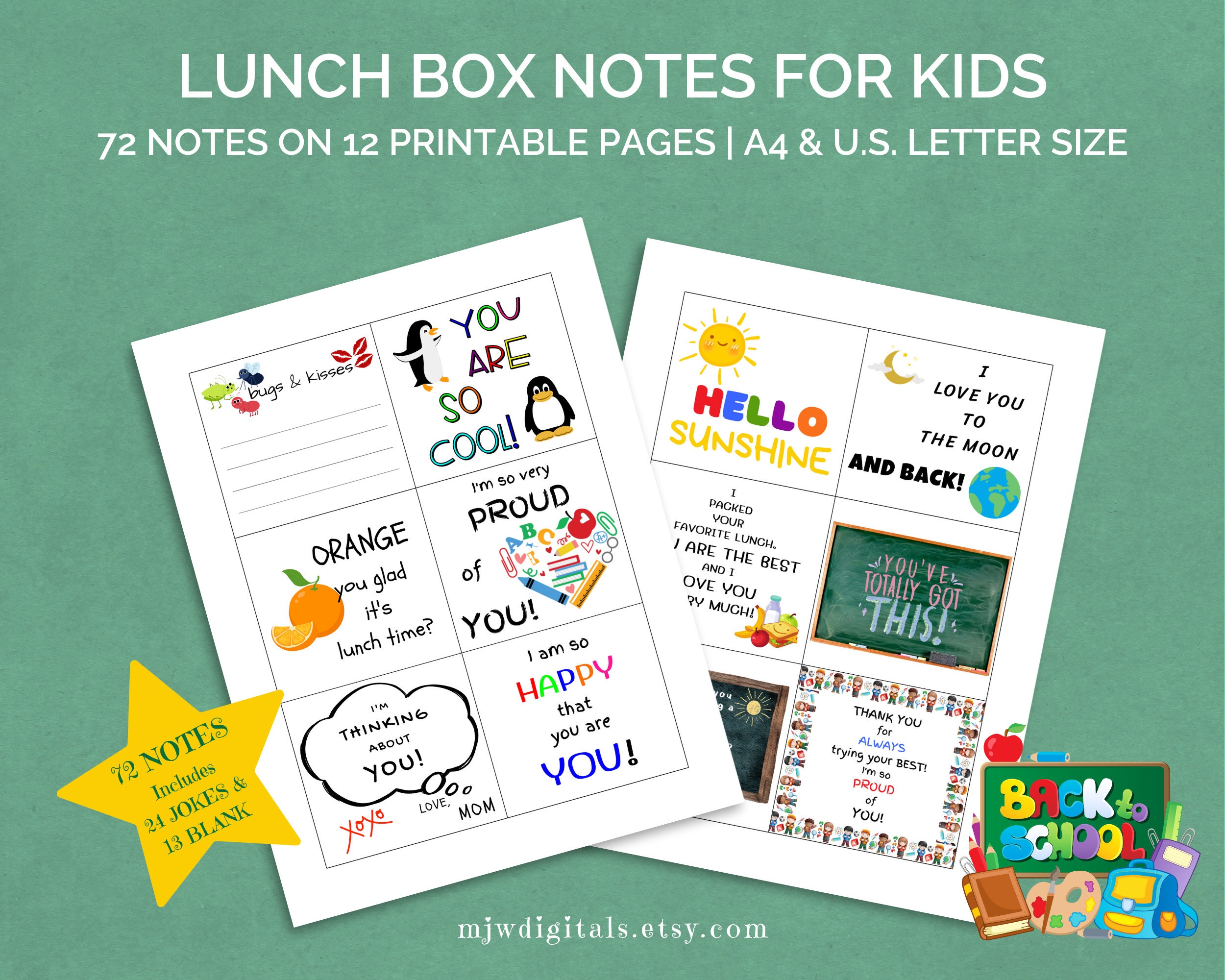 Lunchbox Notes for Kids, Printable, 72 Lunch Notes for Kids ...