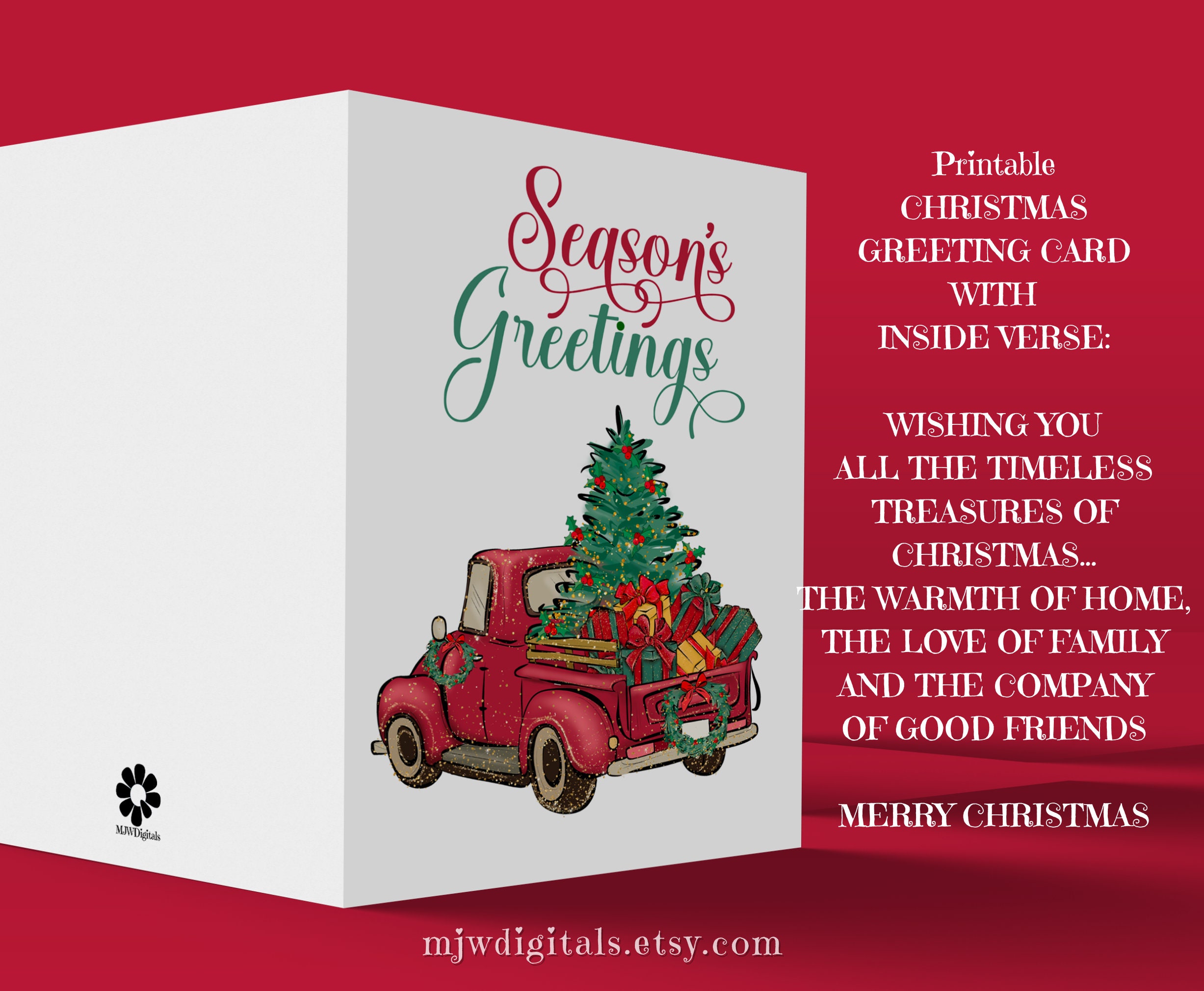 Vintage Red Truck Christmas Card, Printable Holiday Greeting (digital ...