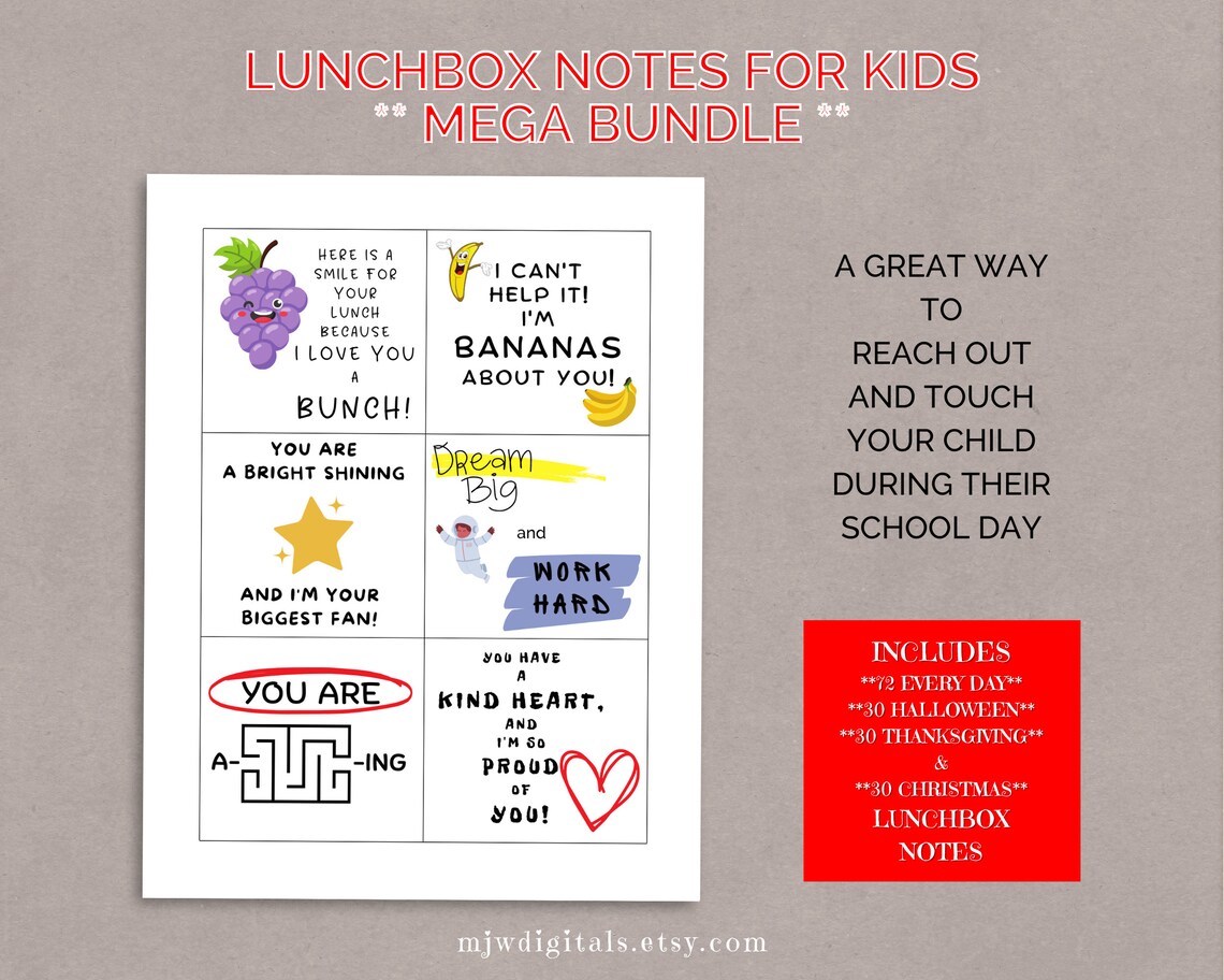 Lunchbox Notes for Kids Mega Bundle, Printable, 162 Lunch Notes ...