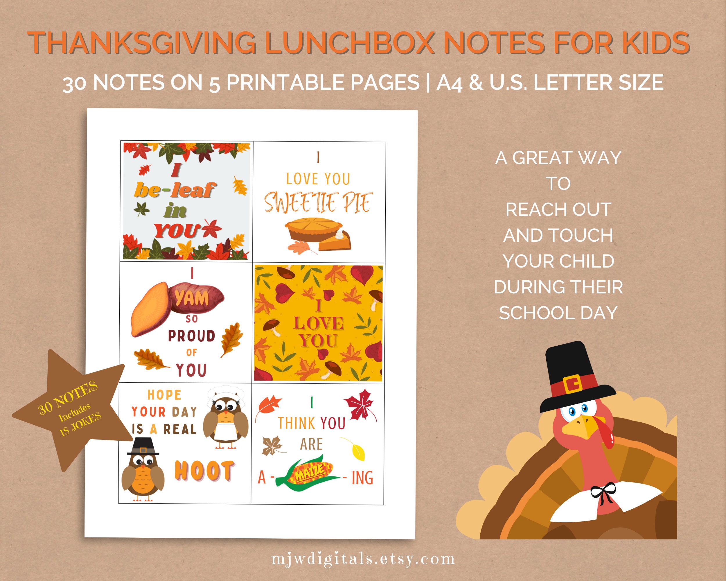 Thanksgiving, Lunchbox Notes for Kids, Printable, 30 Thanksgiving Lunch ...