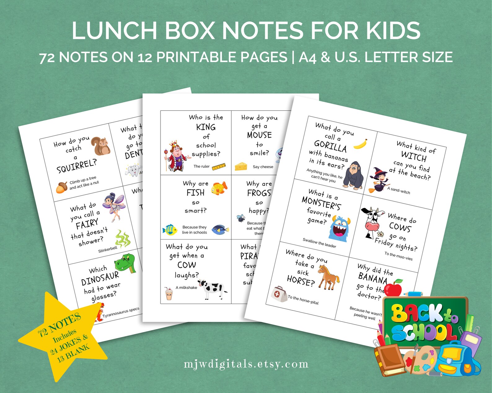 Lunchbox Notes for Kids, Printable, 72 Lunch Notes for Kids ...