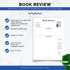 Book Review, Book Summary, Printable Template, Fillable PDF, Reading ...