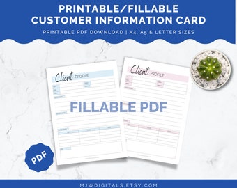 Client Profile, Fillable, Printable Customer Information Card, Customer ...