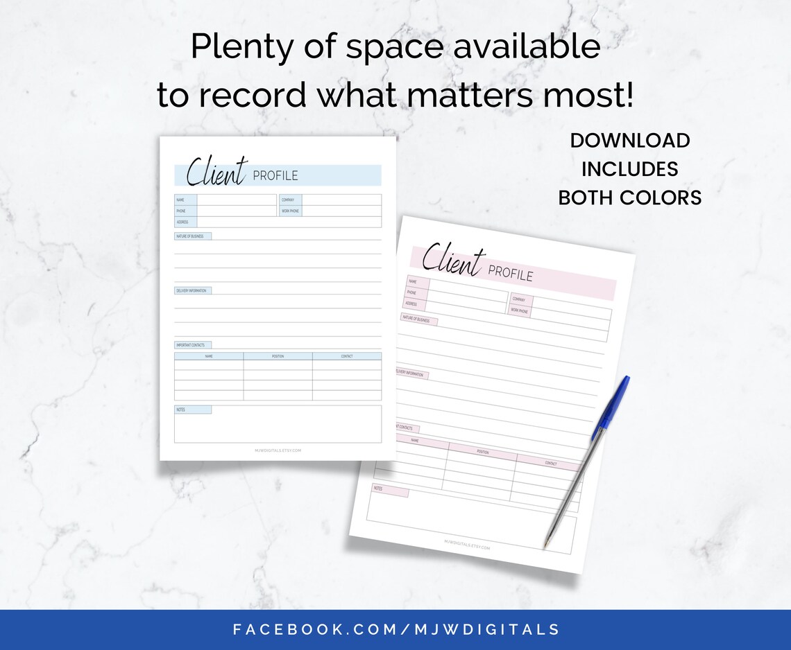 Client Profile, Customer Information Card, Printable Client Profile ...