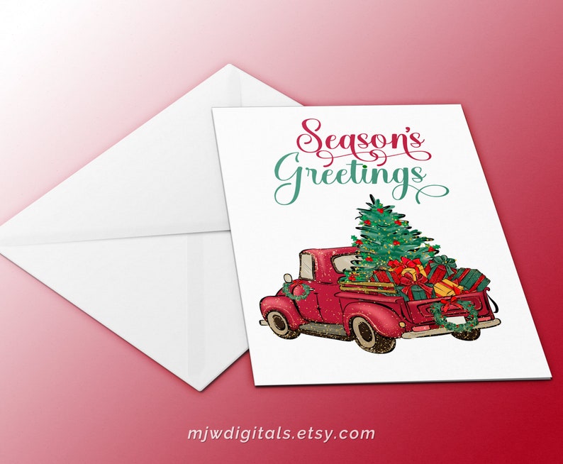 Vintage Red Truck Christmas Card, Printable Holiday Greeting (digital ...
