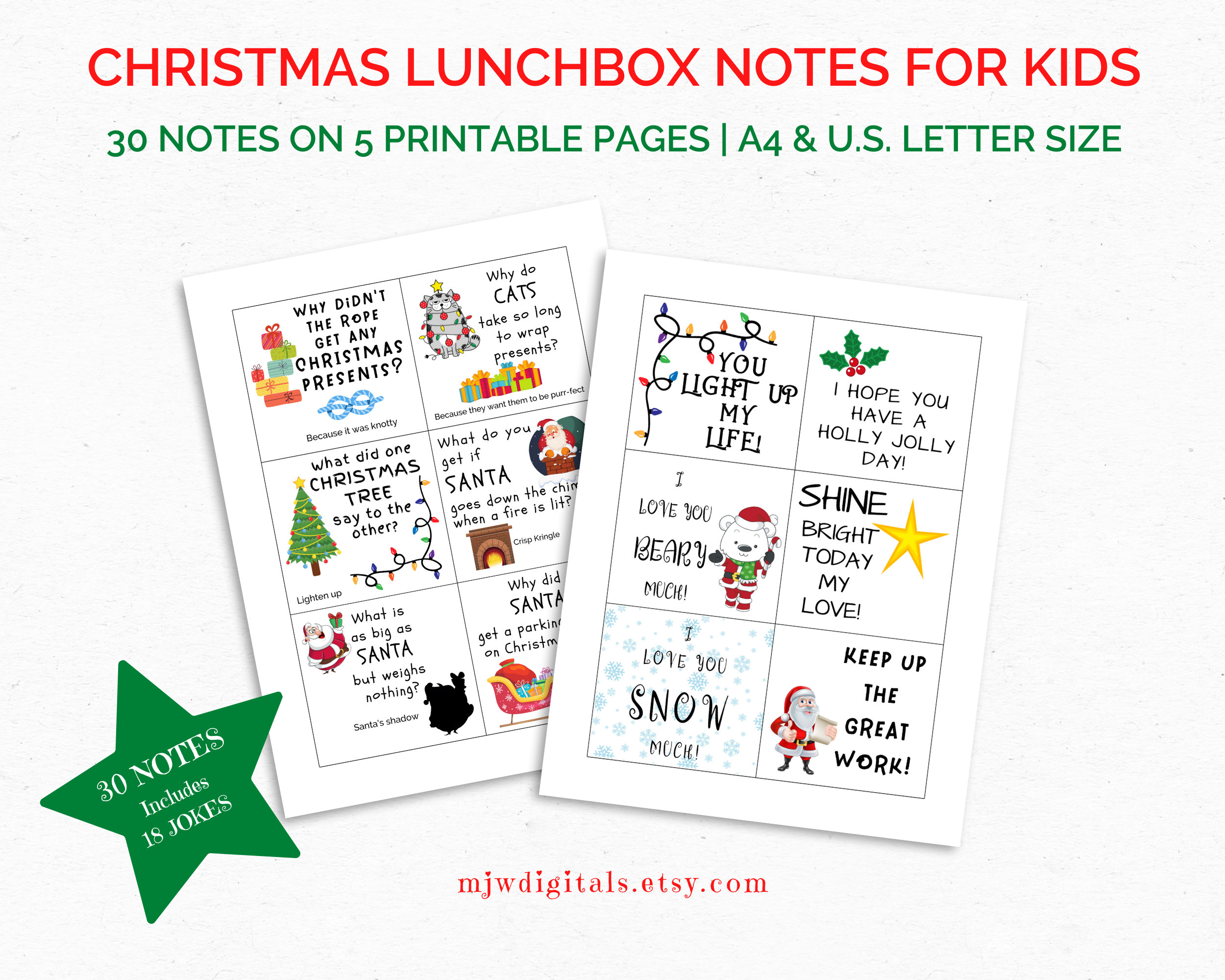 Christmas, Lunchbox Notes for Kids, Printable, 30 Christmas Lunch Box ...