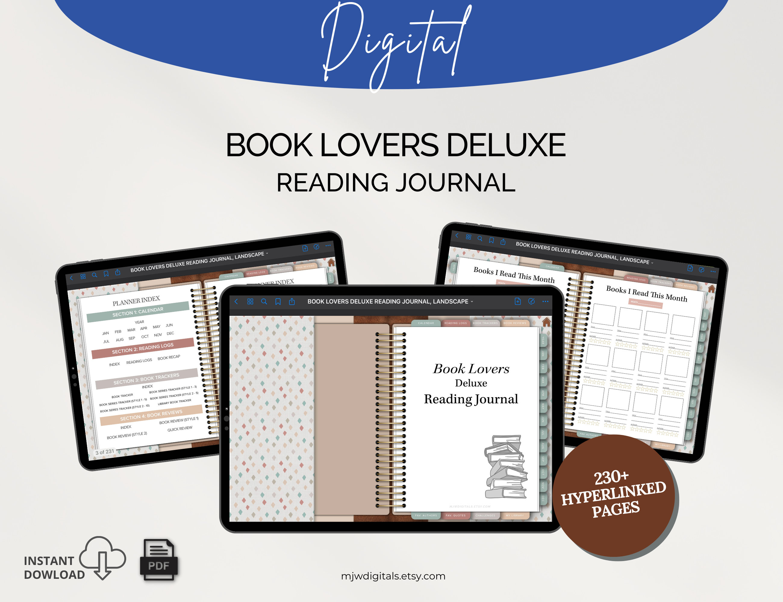 Book Lovers Reading Journal, Deluxe, Digital Reading Planner, Boho ...
