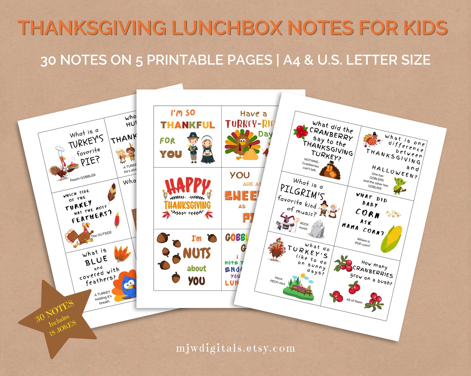 Thanksgiving, Lunchbox Notes for Kids, Printable, 30 Thanksgiving Lunch ...