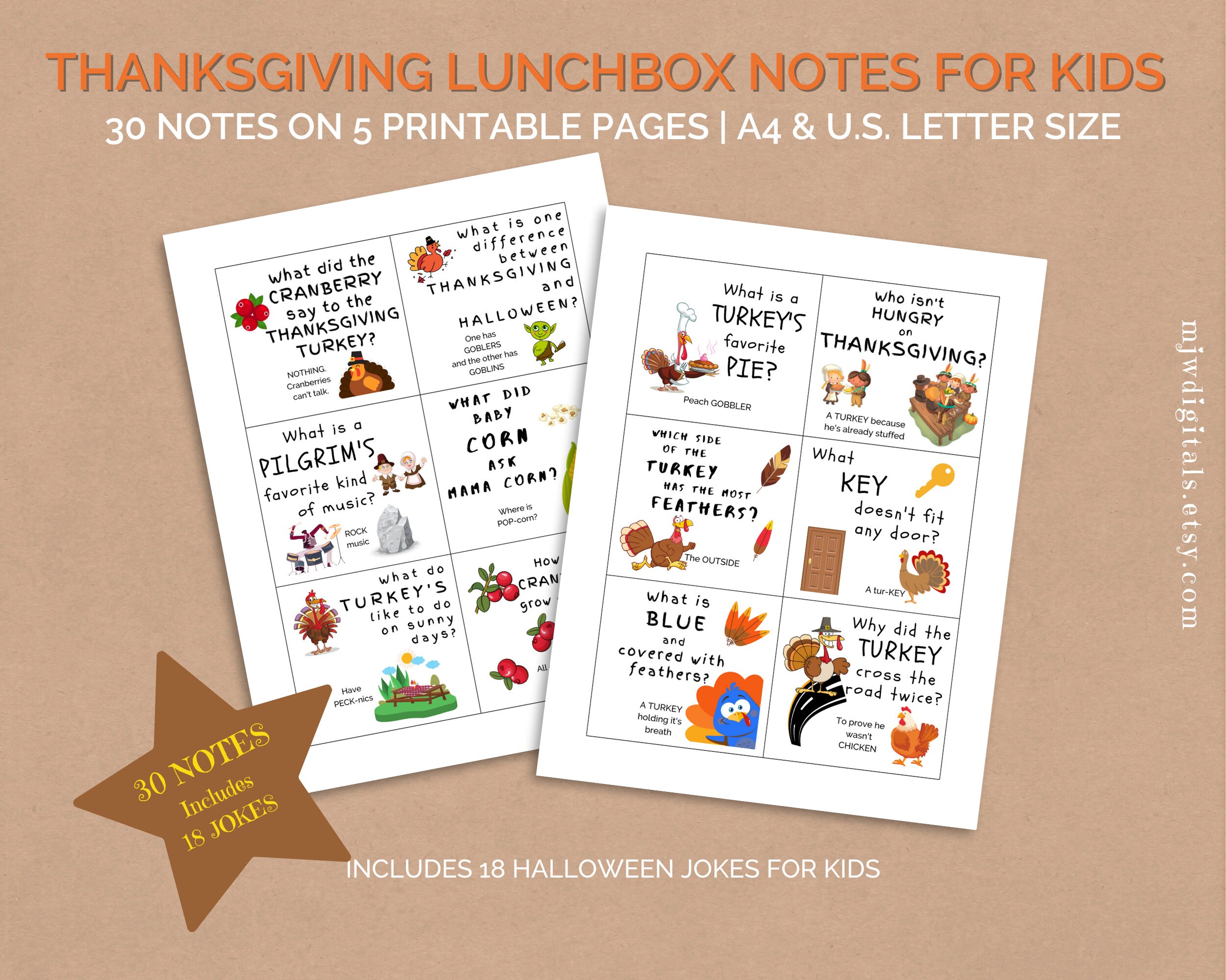 Thanksgiving, Lunchbox Notes for Kids, Printable, 30 Thanksgiving Lunch ...