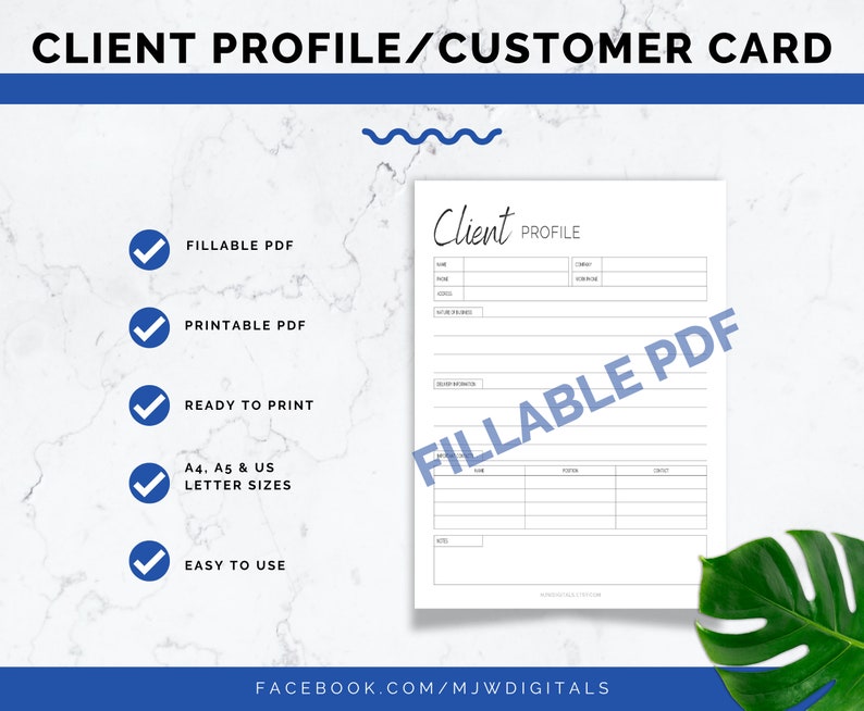 Client Profile, Fillable, Printable Customer Information Card, Customer ...