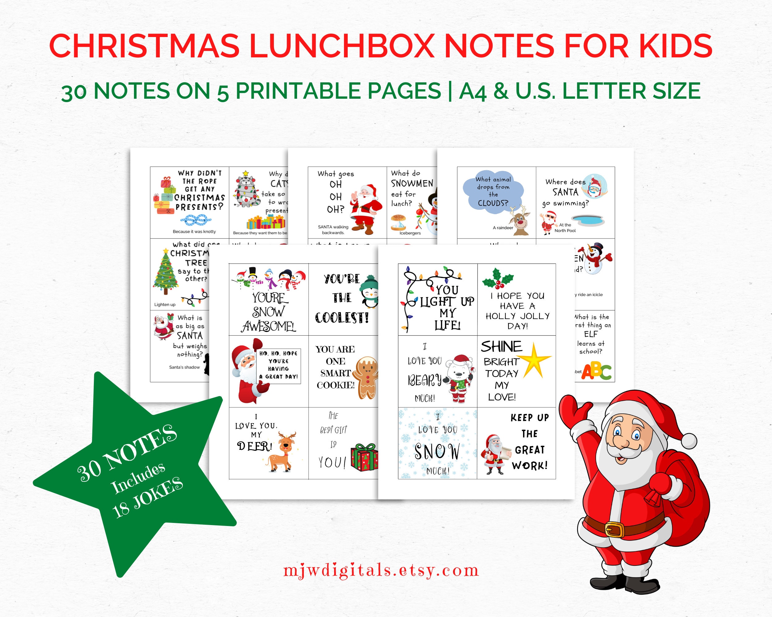 Christmas, Lunchbox Notes for Kids, Printable, 30 Christmas Lunch Box ...