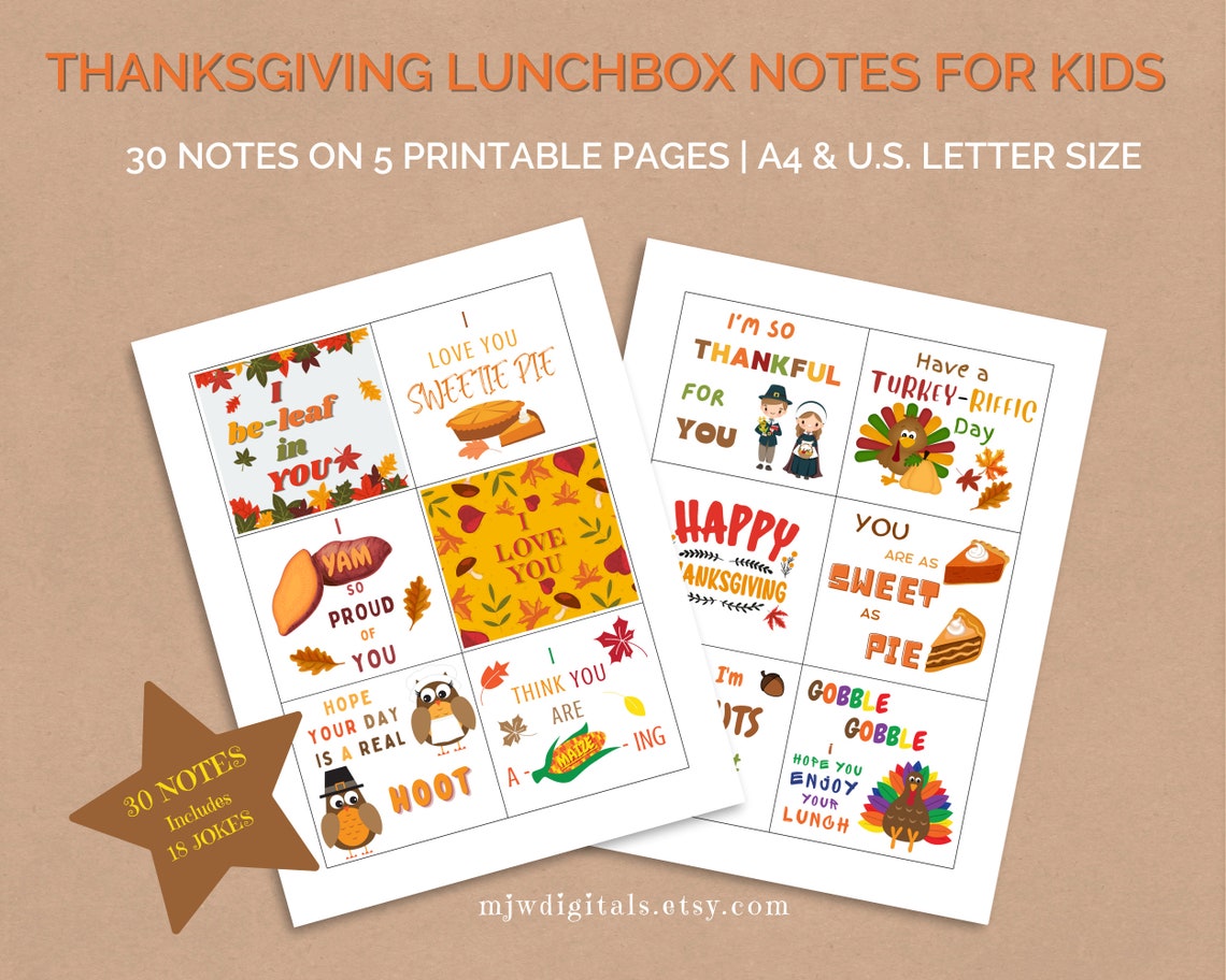 Thanksgiving, Lunchbox Notes for Kids, Printable, 30 Thanksgiving Lunch ...