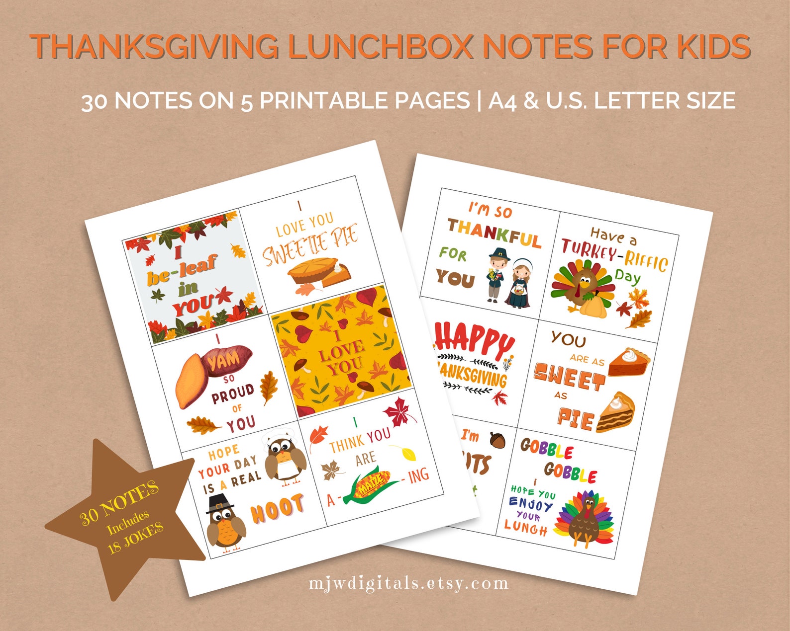 Thanksgiving, Lunchbox Notes for Kids, Printable, 30 Thanksgiving Lunch ...