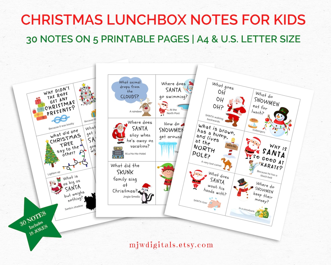Christmas, Lunchbox Notes for Kids, Printable, 30 Christmas Lunch Box ...