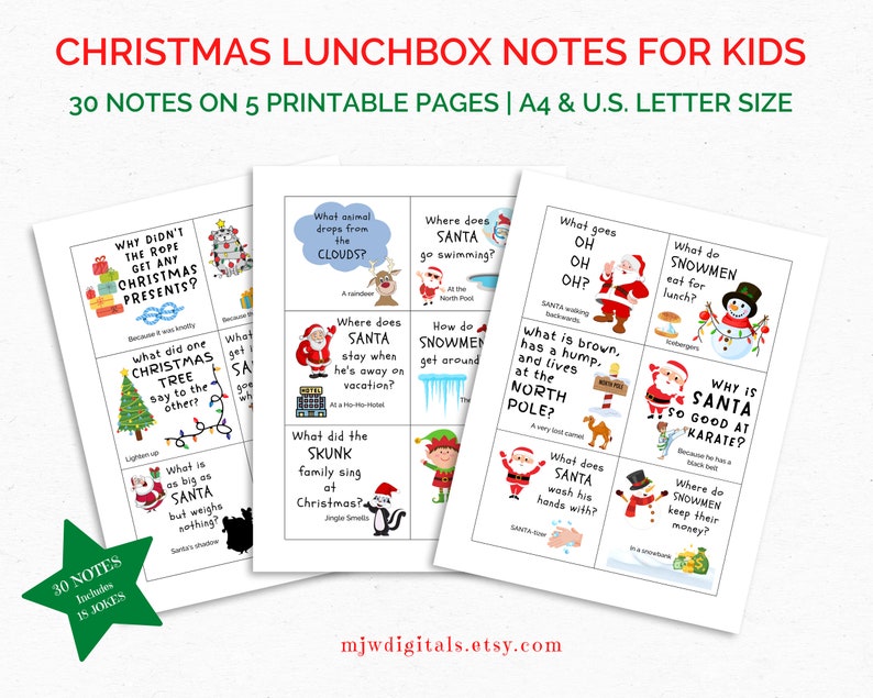 Christmas, Lunchbox Notes for Kids, Printable, 30 Christmas Lunch Box ...