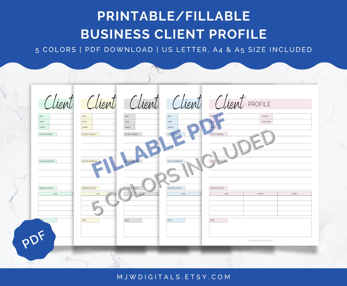 Client Profile, Customer Information Card, Printable, Fillable PDF ...