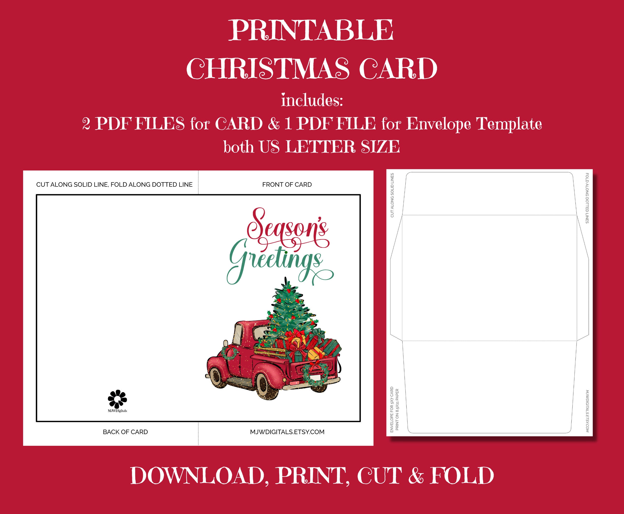 Vintage Red Truck Christmas Card, Printable Holiday Greeting (digital ...