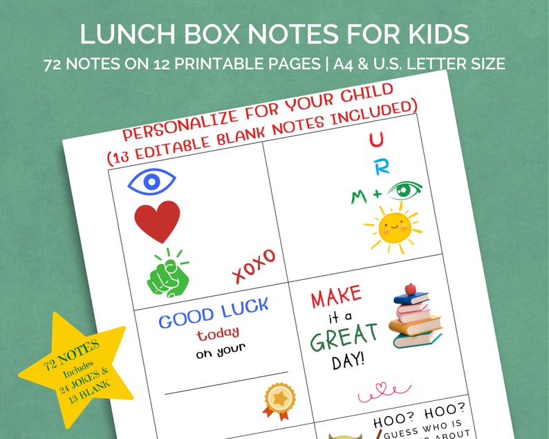 Lunchbox Notes for Kids, Printable, 72 Lunch Notes for Kids ...