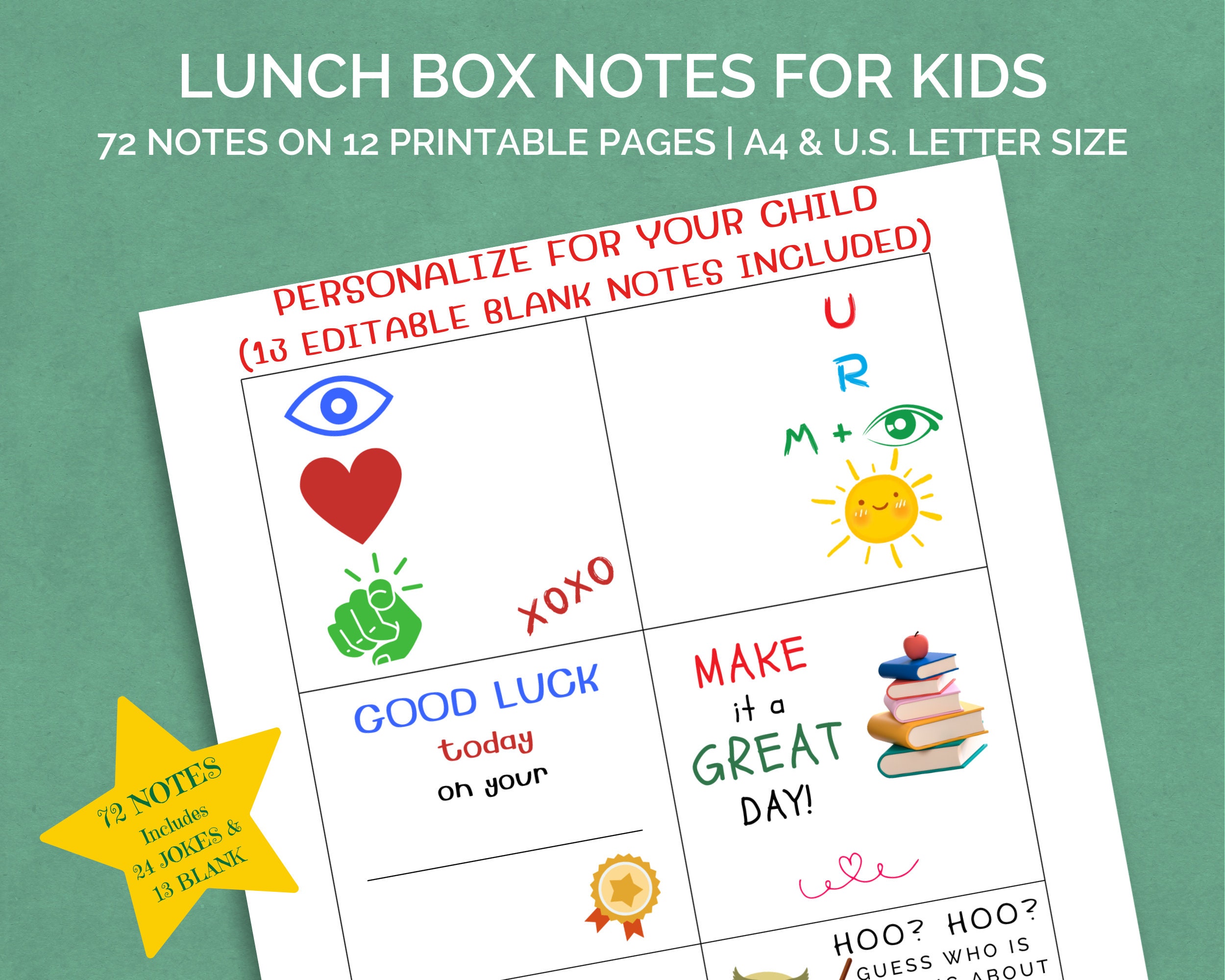 Lunchbox Notes for Kids, Printable, 72 Lunch Notes for Kids ...