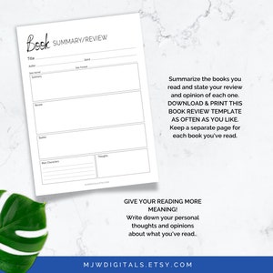 Book Review Template, Reading Summary, Book Lovers Printable, Fillable ...