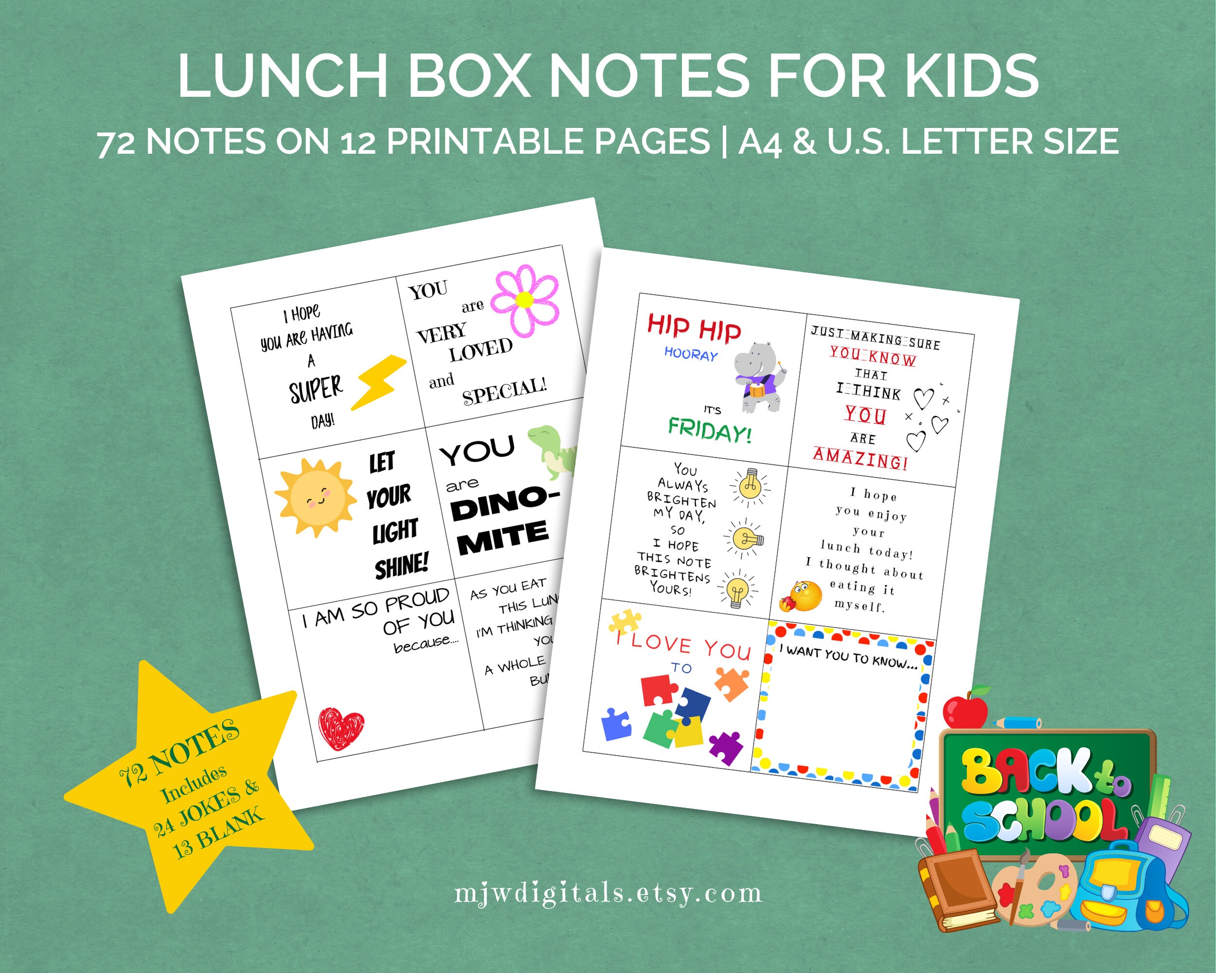 Lunchbox Notes for Kids, Printable, 72 Lunch Notes for Kids ...