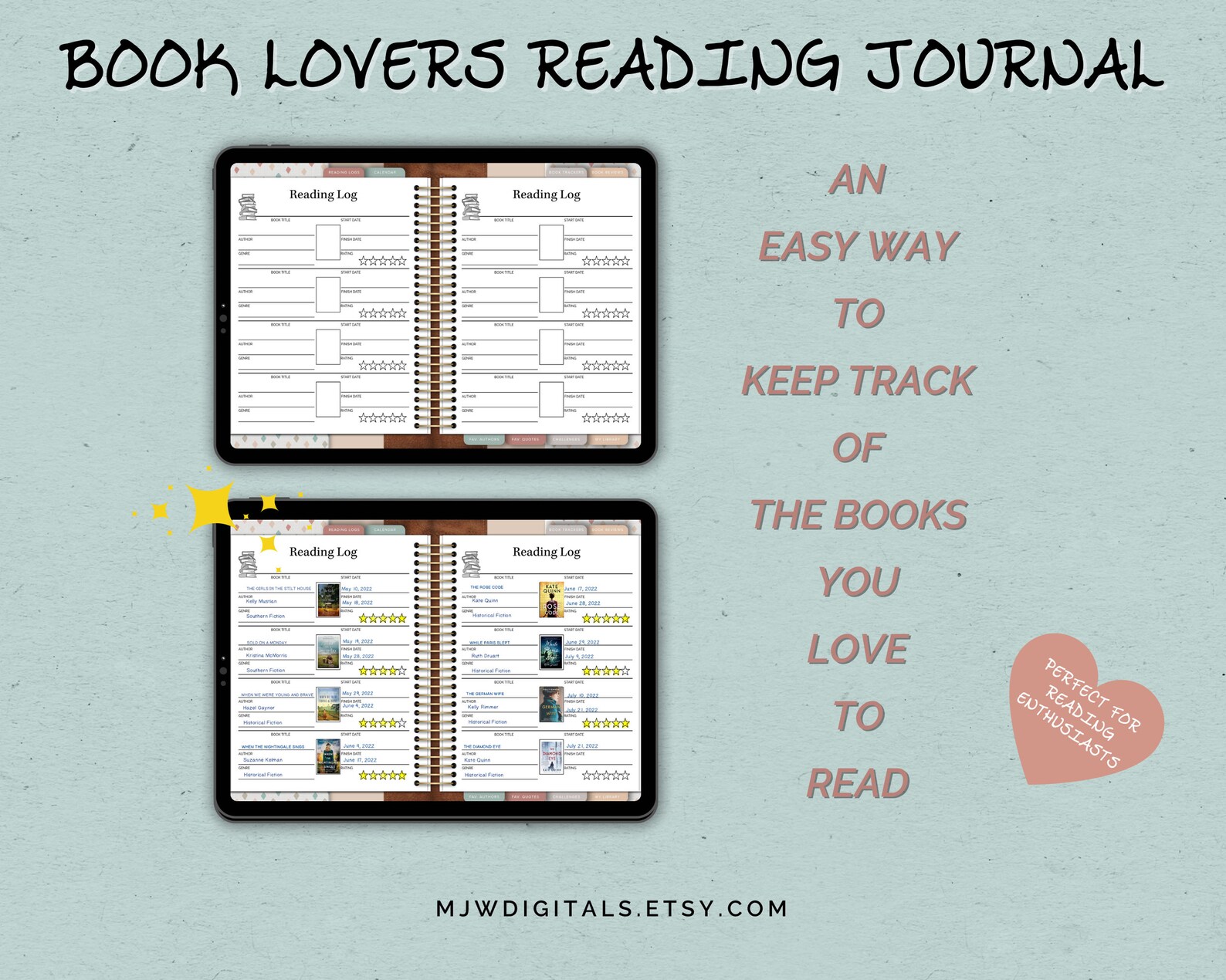 Book Lovers Reading Journal, Deluxe, Digital Reading Planner, Boho ...