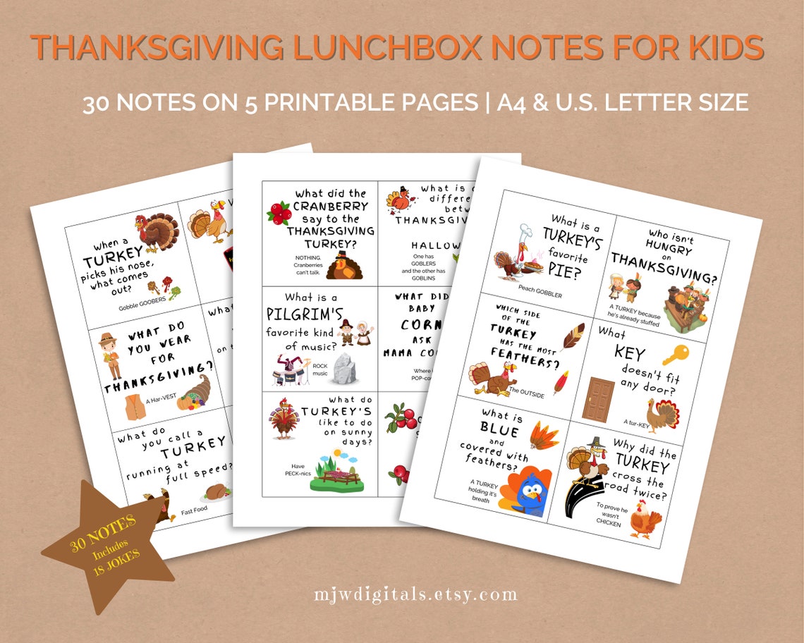 Thanksgiving, Lunchbox Notes for Kids, Printable, 30 Thanksgiving Lunch ...