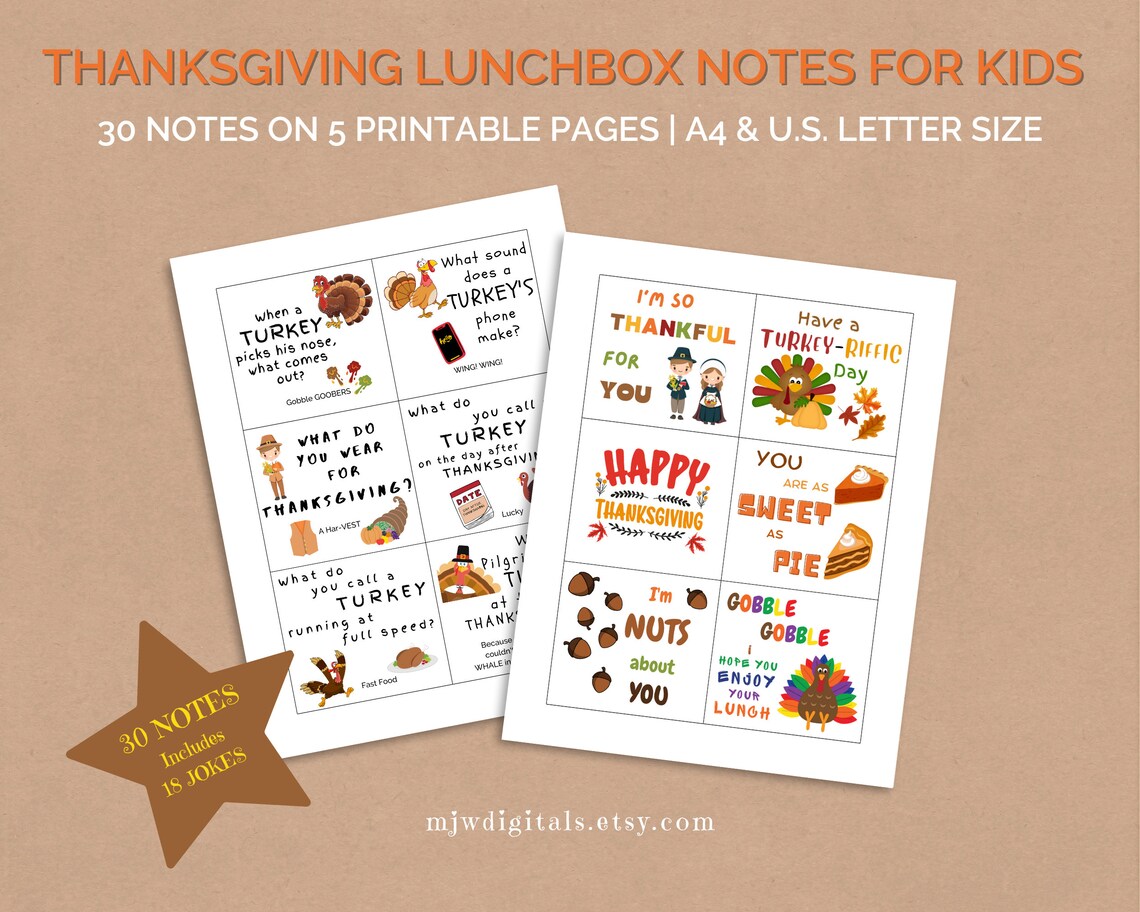 Thanksgiving, Lunchbox Notes for Kids, Printable, 30 Thanksgiving Lunch ...