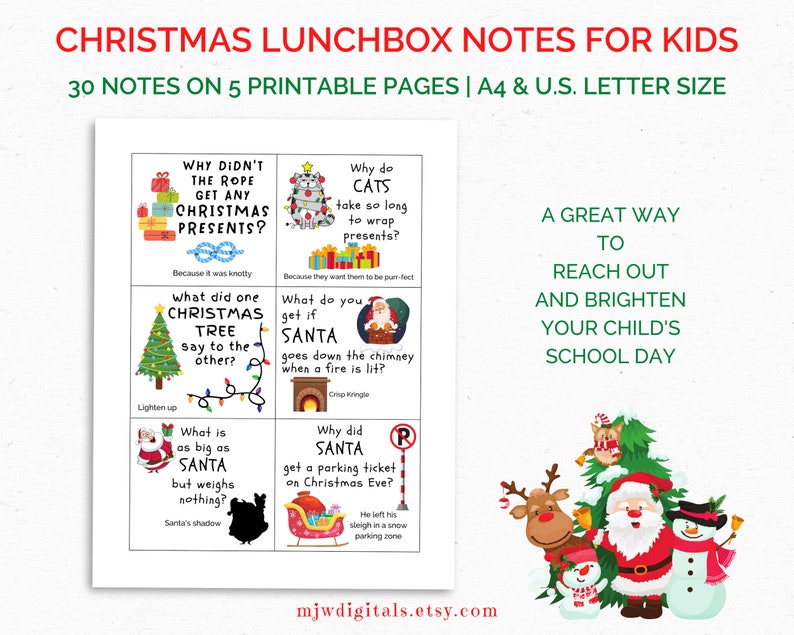 Christmas, Lunchbox Notes for Kids, Printable, 30 Christmas Lunch Box ...