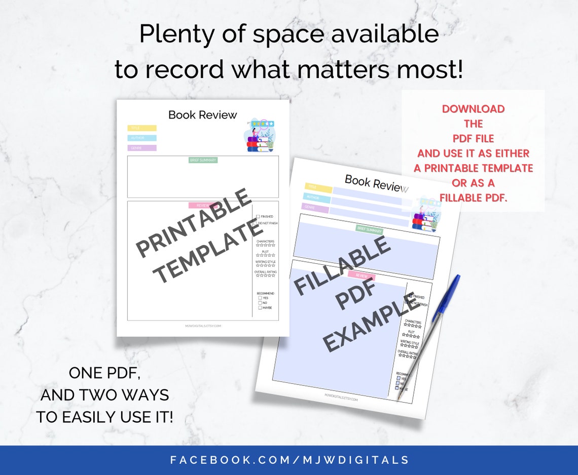 Book Review, Book Summary, Printable Template, Fillable PDF, Reading ...