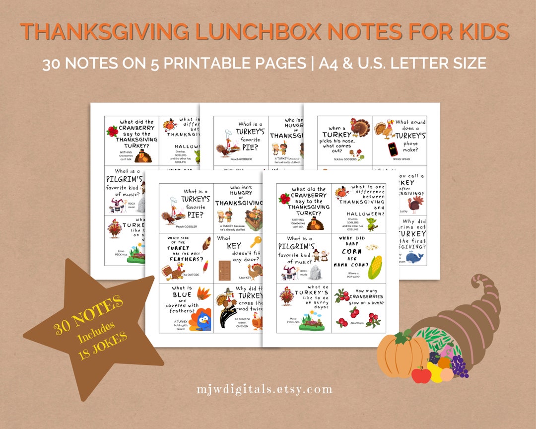 Thanksgiving, Lunchbox Notes for Kids, Printable, 30 Thanksgiving Lunch ...
