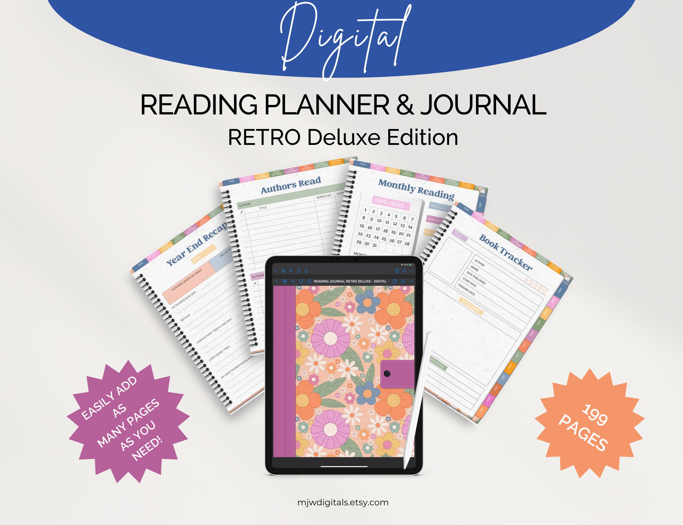 Reading Journal, Retro Deluxe, Digital Planner for Book Lovers, Book ...