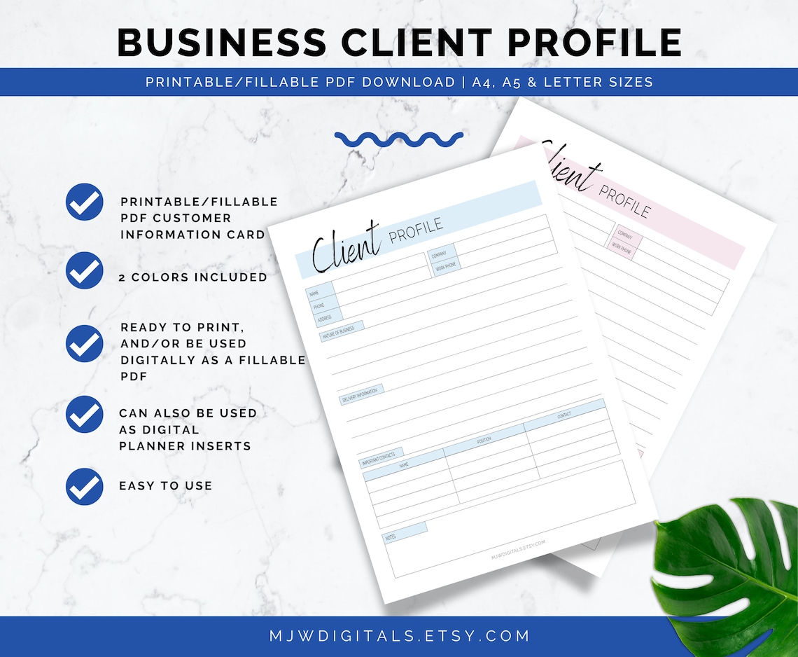 Client Profile, Customer Information Card, Printable Client Profile ...