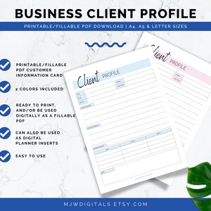 Client Profile, Customer Information Card, Printable Client Profile ...