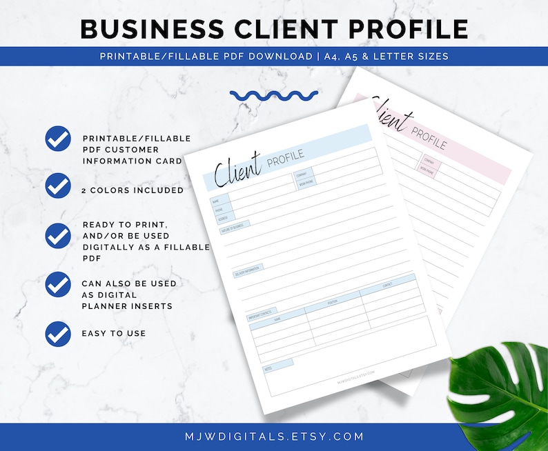 Client Profile, Customer Information Card, Printable Client Profile ...