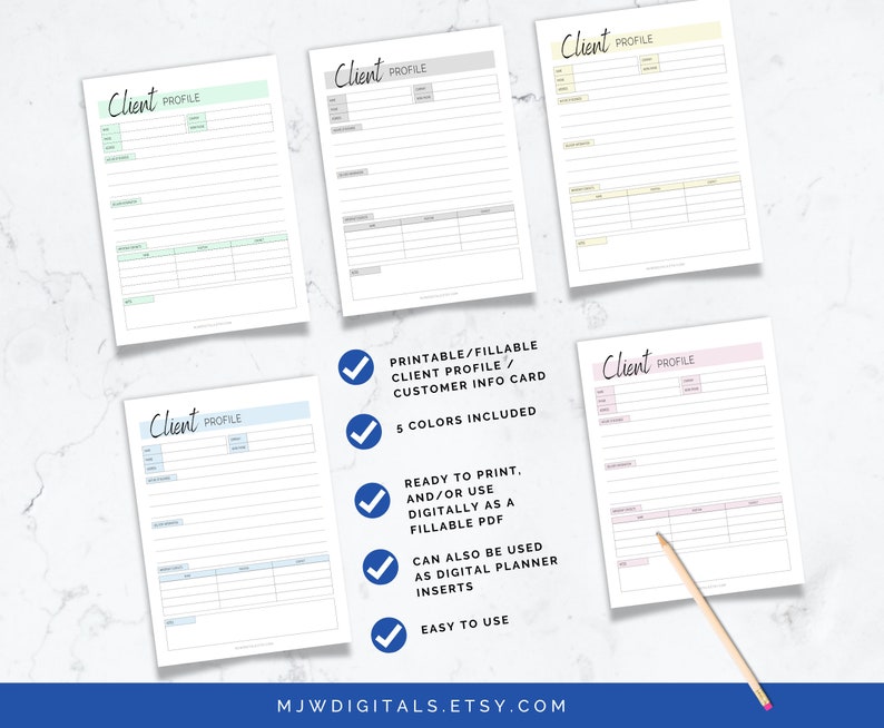 Client Profile, Customer Information Card, Printable, Fillable PDF ...