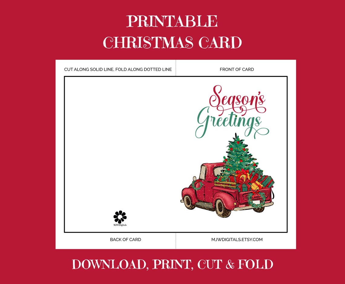 Vintage Red Truck Christmas Card, Printable Holiday Greeting (digital ...